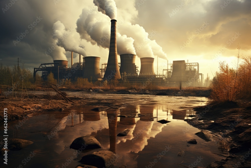 Industrial landscape with smoking chimneys on a background of blue sky ...