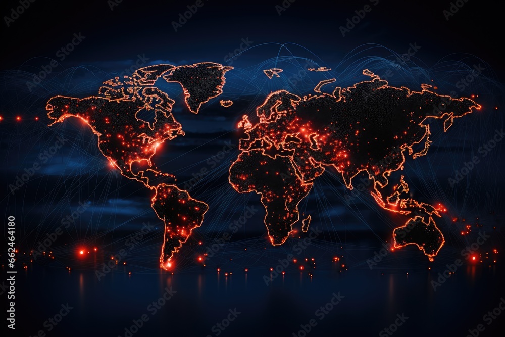 World map on a dark background, glowing lines symbols of the Internet ...