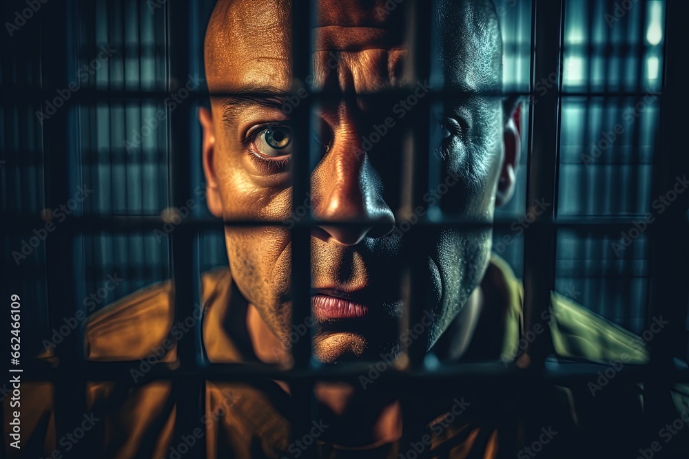 A man's face and iron bars in a dark prison cell. A man in prison ...