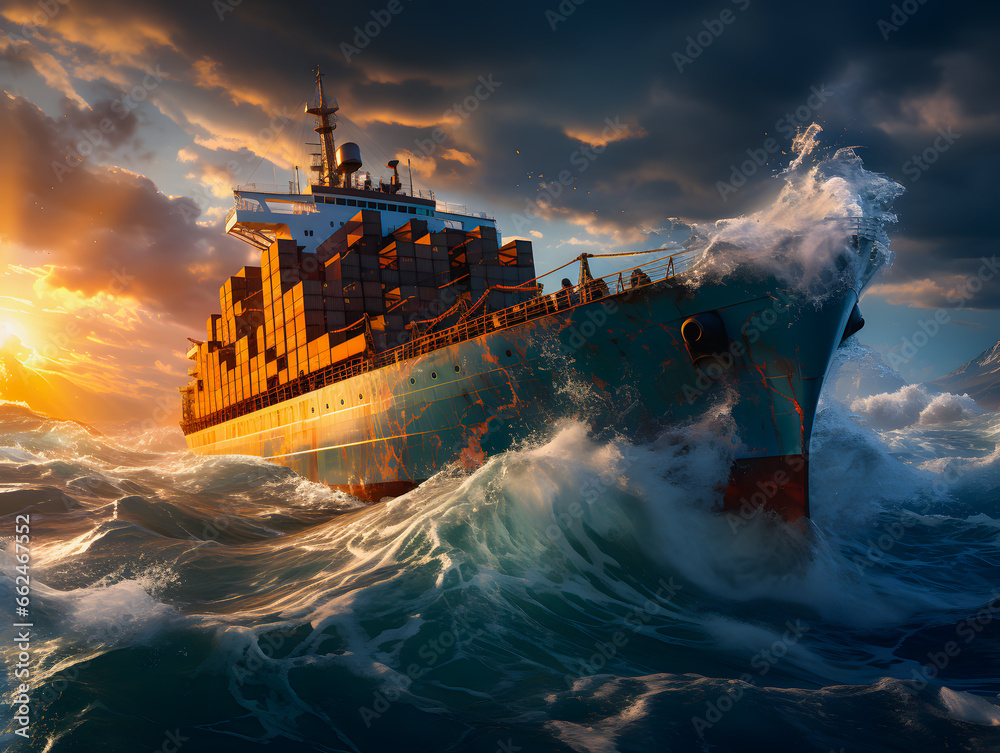 Container ship with many containers on board during a storm in the open ...