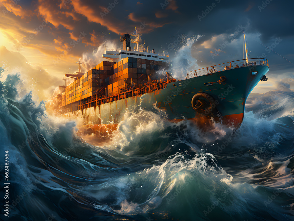Container ship with many containers on board during a storm in the open ...