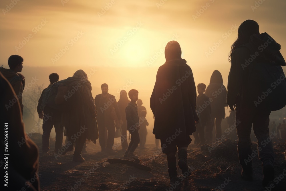 Emigrants refugees, people fleeing desperation, leaving their homes in ...