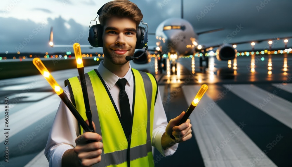 Close-up photo of a male airport ground staff with Caucasian descent ...