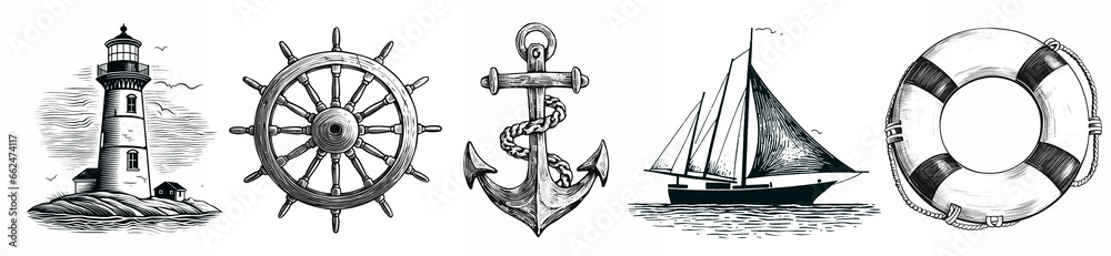 Maritime woodcut collection. set of nautical illustration in engraving ...