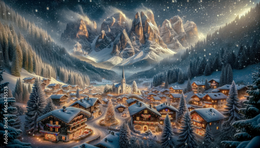 Painting Representing a Charming Christmas Village in the Alps Heavy ...