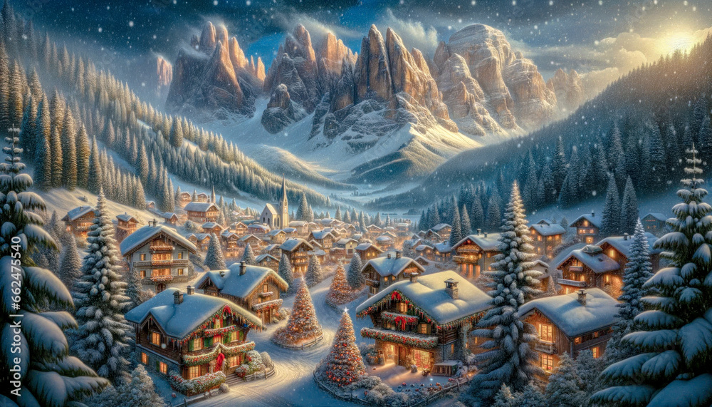 Painting Representing a Charming Christmas Village in the Alps Heavy ...
