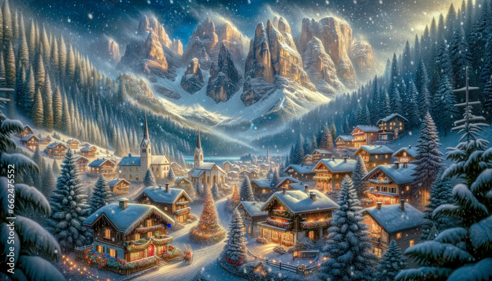 Painting Representing a Charming Christmas Village in the Alps Heavy ...