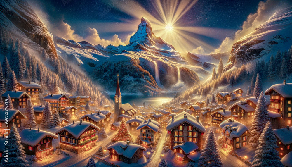 Painting Representing a Charming Christmas Village in the Alps Heavy ...