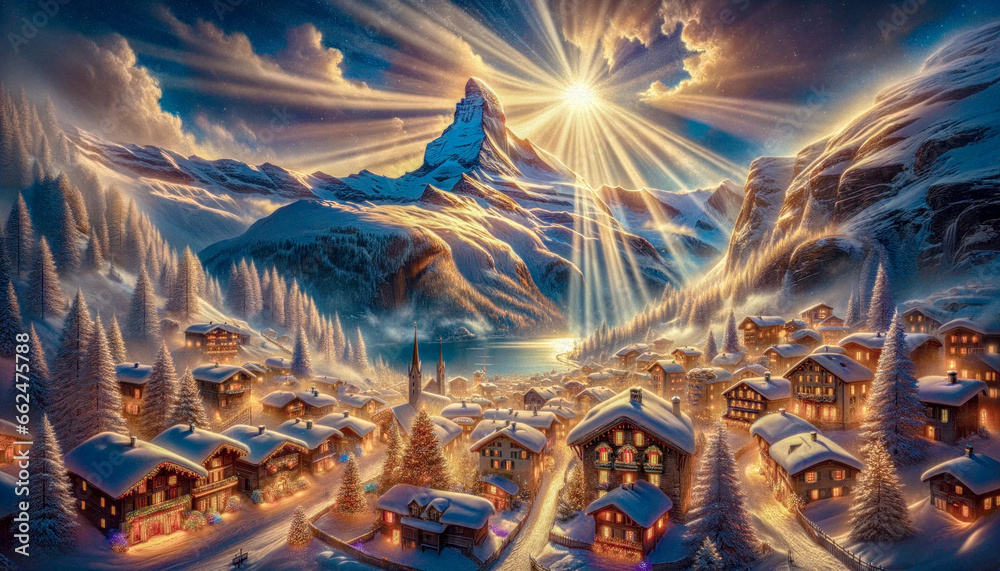 Painting Representing a Charming Christmas Village in the Alps Heavy ...