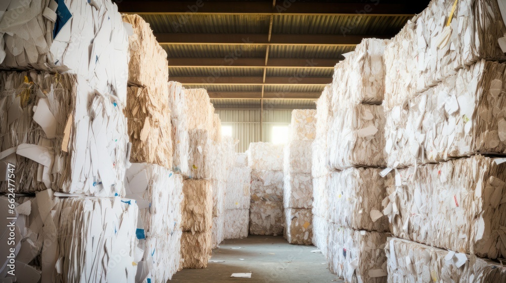 Stacks of compressed paper bales at a recycling plant, ready to be ...