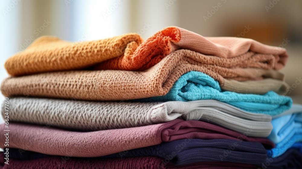 Recycled fiber cloths, neatly folded and displayed, illuminating the ...