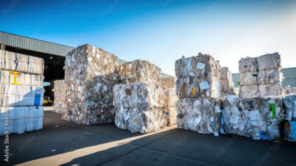 Stacks of compressed paper bales at a recycling plant, ready to be ...