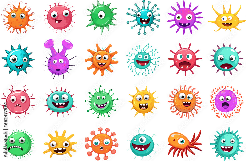 Cartoon cute virus set. Flu germs characters isolated, color doodle ...