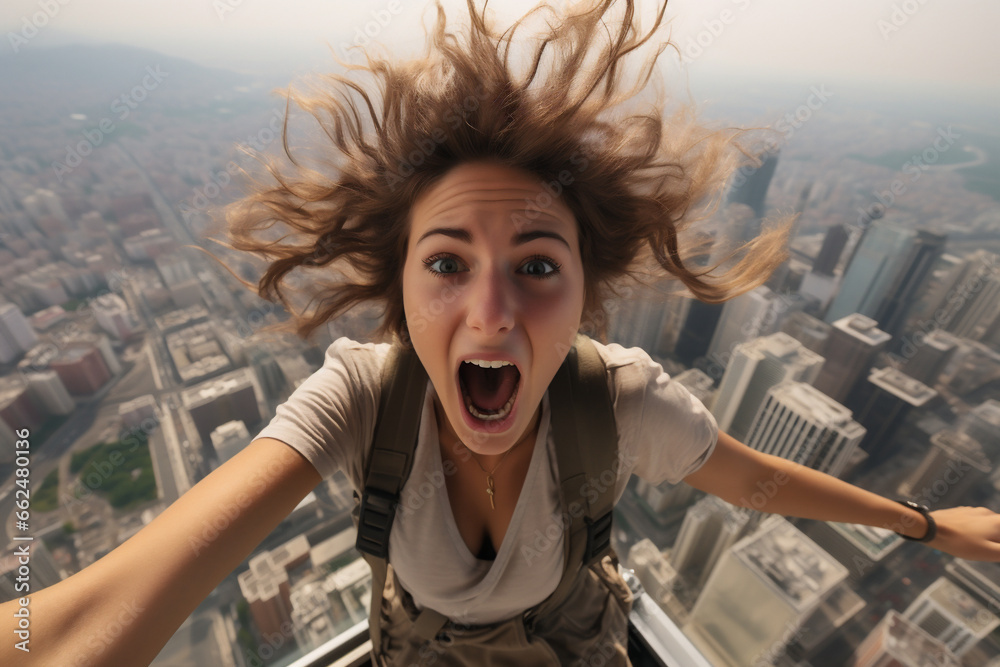 Dangerous selfie. The risky girl is taking a selfie photoshoot on top ...