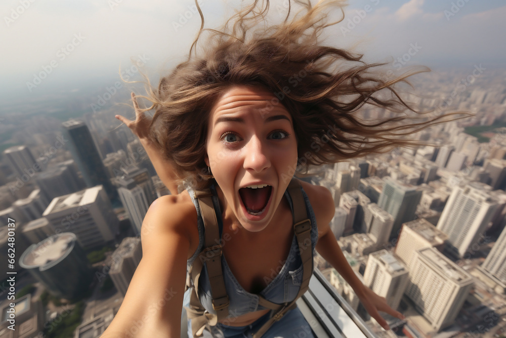 Dangerous selfie. The risky girl is taking a selfie photoshoot on top ...
