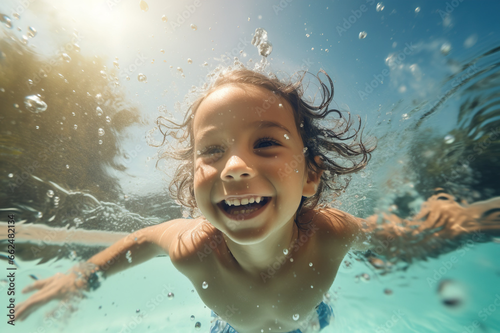 Happy kid have fun in swimming pool. swimming under water, Funny child ...