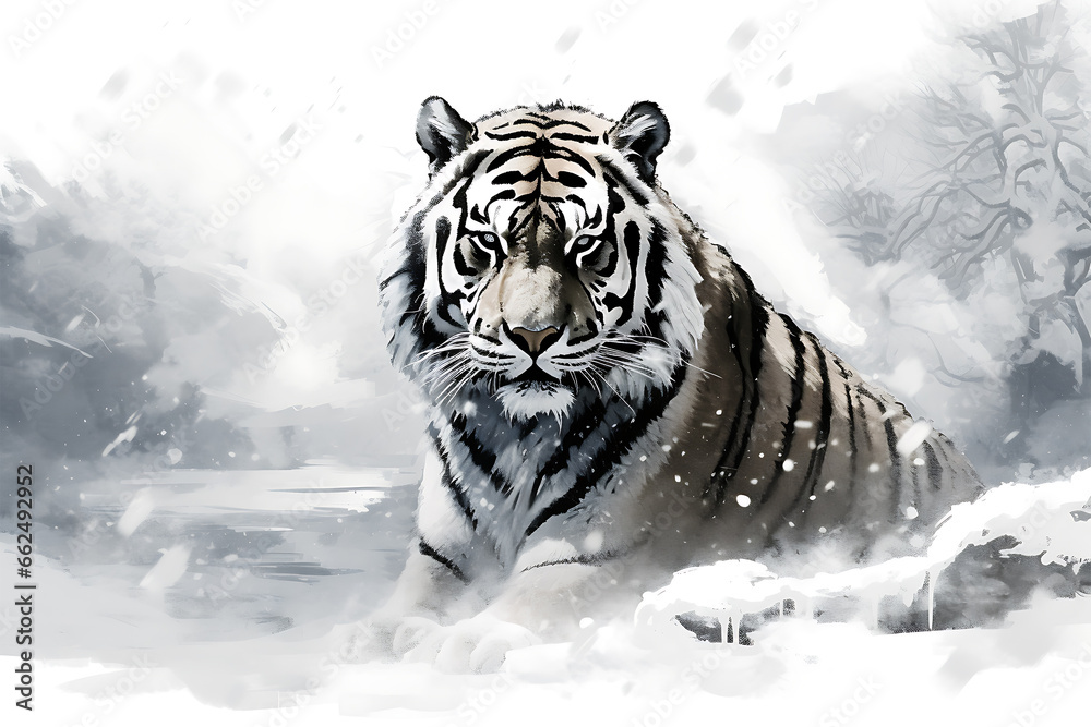 Tiger illustration in Chinese brush stroke calligraphy in black and ...