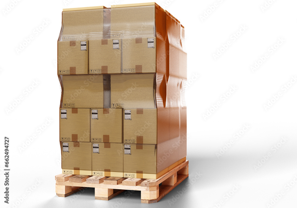 Cardboard boxes on pallet. Europallet with parcels. Boxes are wrapped ...
