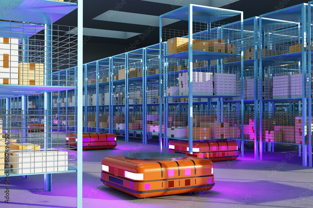 Automated guided vehicles. Search robots in warehouse. AMR with magnetic disks. Orange automated ...
