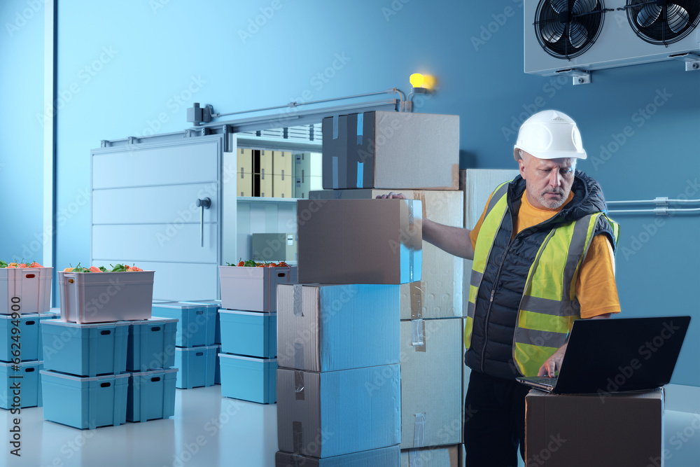 Man near cold storage. Loader guy with boxes and laptop. Storekeeper ...