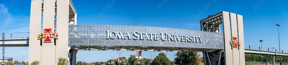 Ames, IA, USA - 10.1.2023: Focus on logo of bridge leading to Jack ...