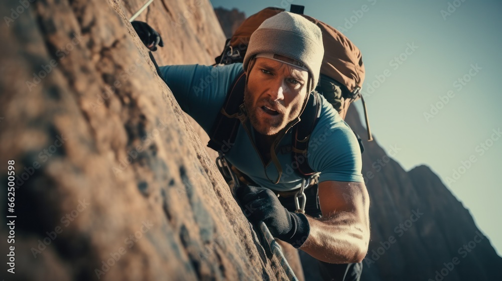 A climber, muscles taut, scaling a steep, challenging rock face with ...