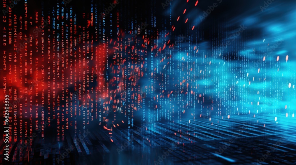 Blue And Red Neon Abstract Futuristic Technological Background With Binary Code Numbers Cyber
