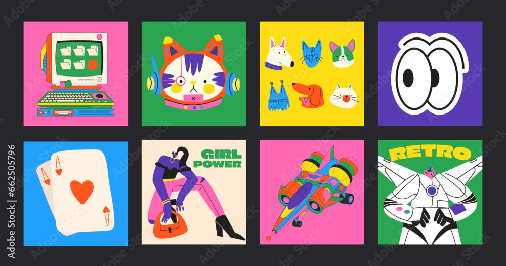 Set fanny cartoon retro posters in groovy style. Hippie acid 90s ...