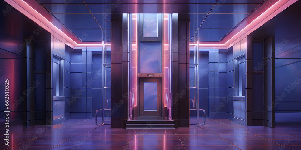 Neon-Lit Futuristic Elevator Corridor leading to an elevator ...