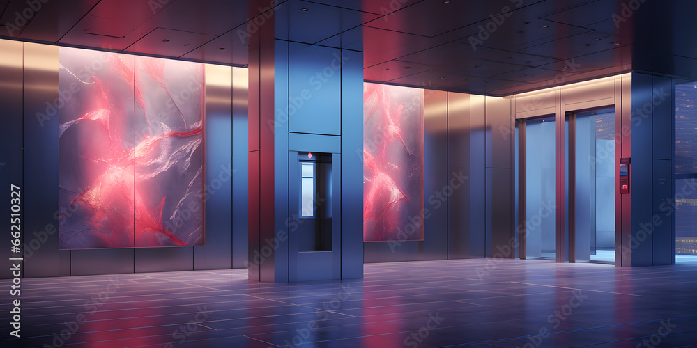 Neon-Lit Futuristic Elevator Corridor leading to an elevator, illuminated by striking neon ...
