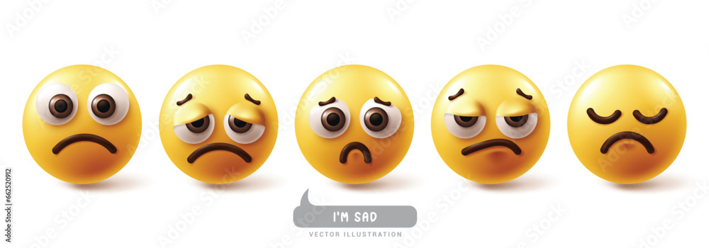 Emoji sad emoticons characters vector set. Emojis emotions facial ...