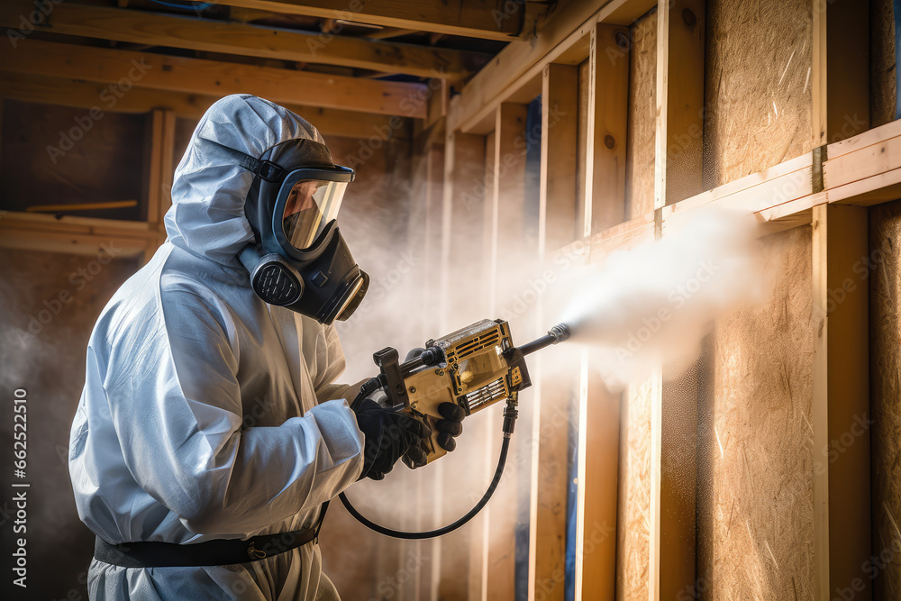 Man worker using plural component gun to spray polyurethane foam inside ...