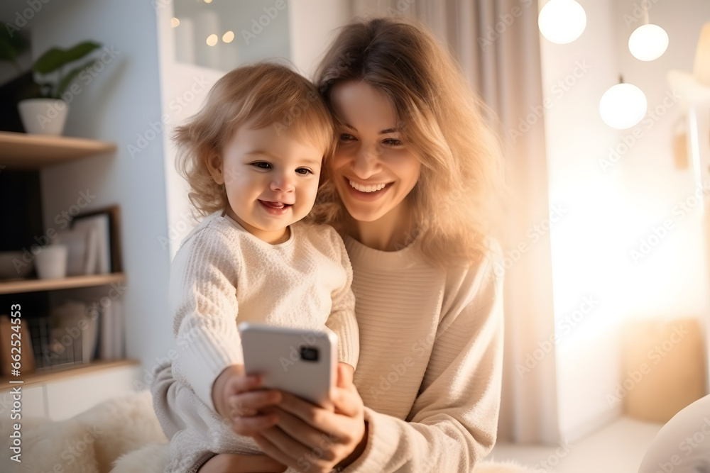 Family Tech Time: Smiling Mother and Child Enjoying Tablet in a Warm ...
