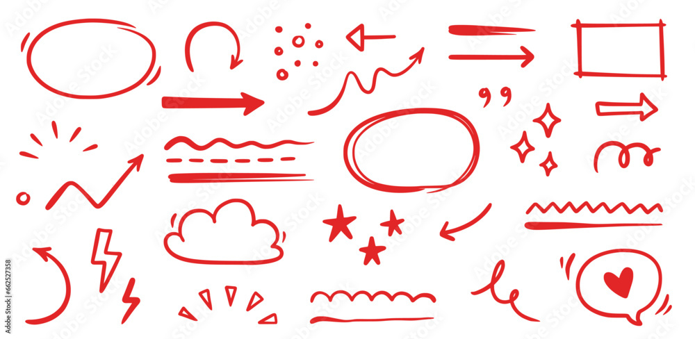 Hand drawn red line star sparkle, emphasis, underline element set. Hand ...