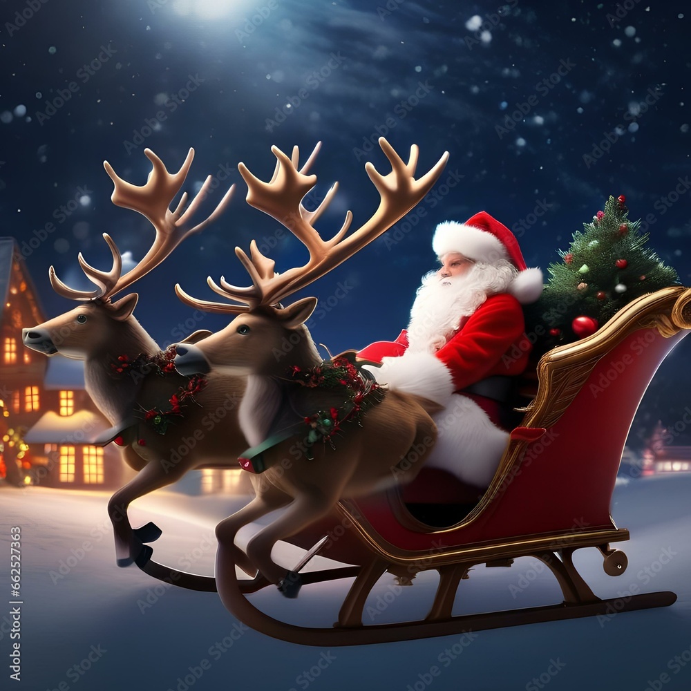 Santa Claus flying across the night sky in his sleigh, pulled by ...