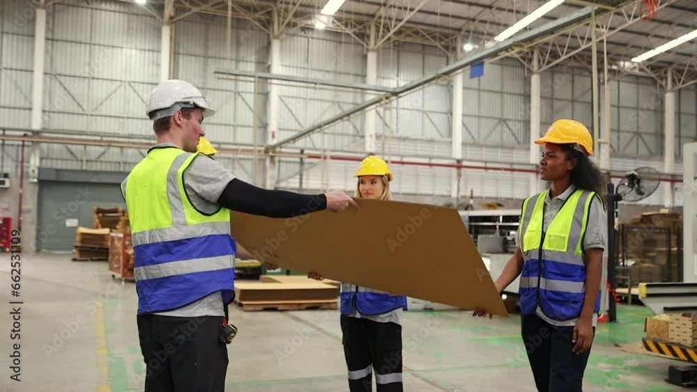 Teamwork group workers consult work with foreman inspecting corrugated ...