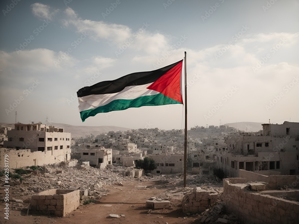 palestinian flag with destroyed city, AI generated. Stock Illustration ...