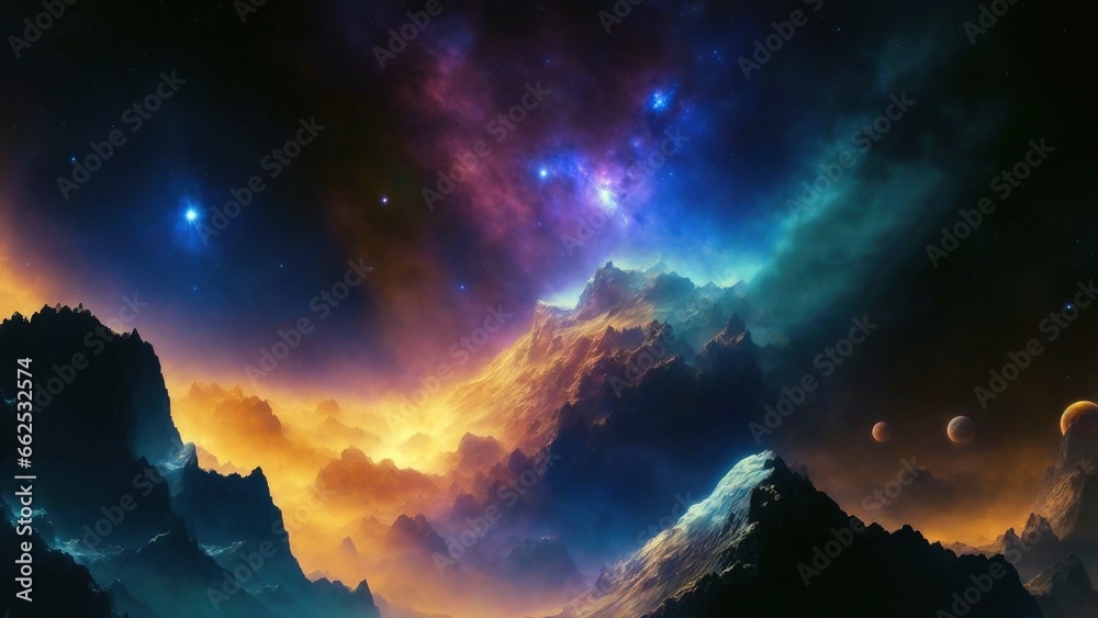 Nebula seen from mountain. Gascloud. Cosmic art. Galactic art. 4K - 8K ...