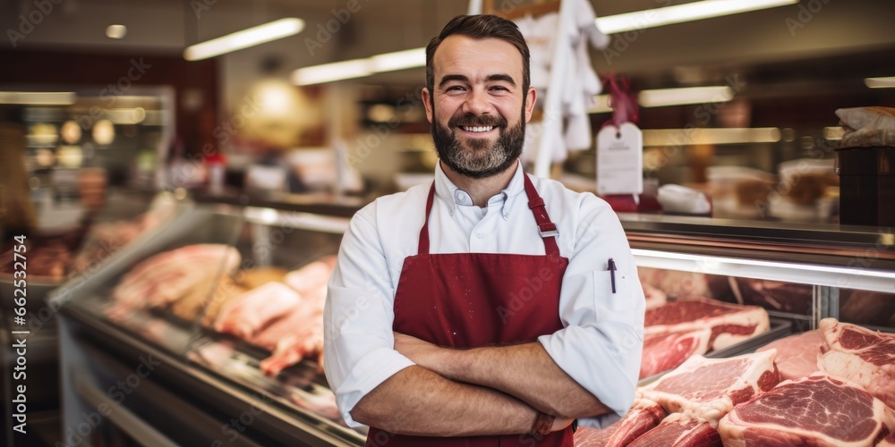 butcher is working in modern meat shop, generative AI Stock ...