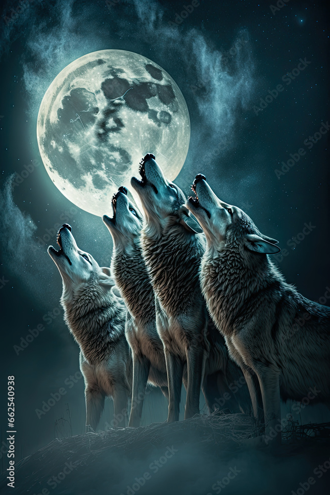 Wolves at Play Howling Heartily Under the Full Moon and Starry Sky ...