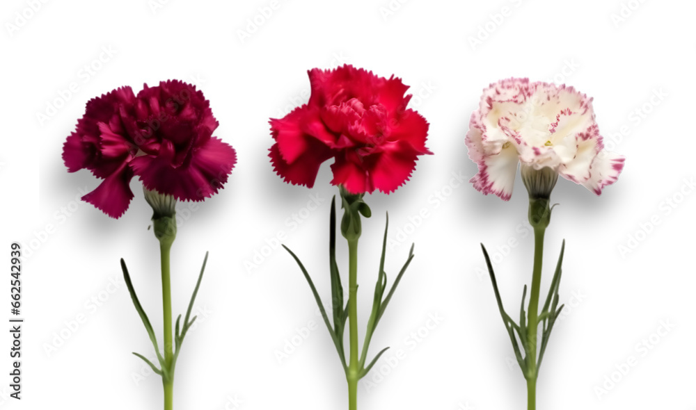Three different colors of carnations isolated on transparent background ...