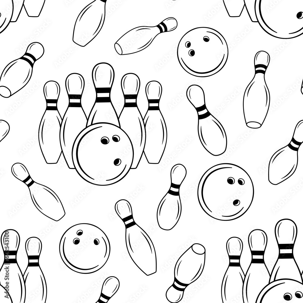 Seamless line monochrome pattern with bowling pins and ball. Simple ...