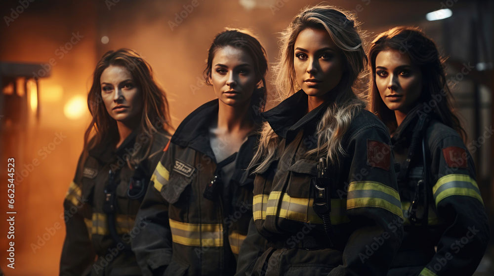 Female portrait. Group of young beautiful women firefighters in special ...