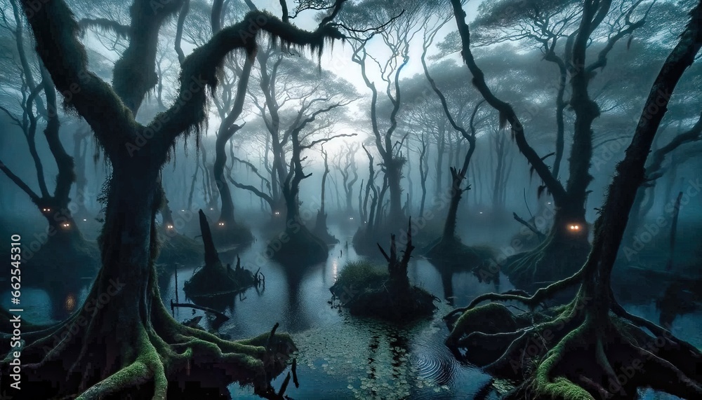 Eerie Halloween-inspired swamp forest, with twisted trees, glowing eyes ...