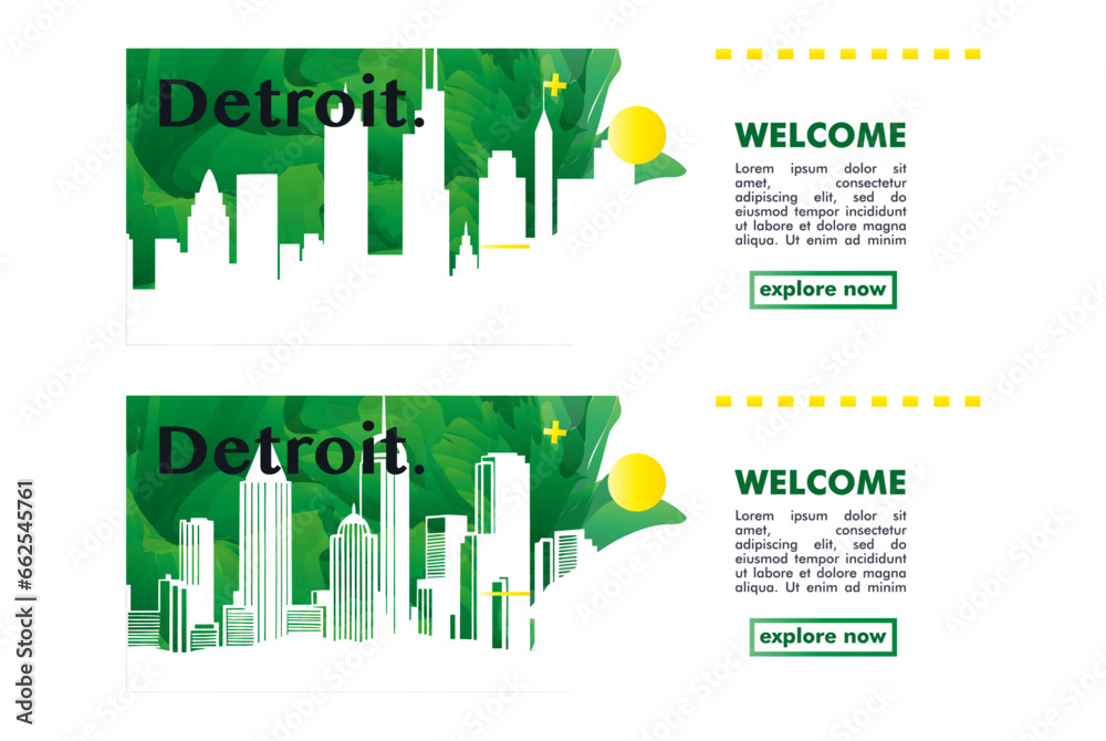 USA Detroit city banner pack with abstract shapes of skyline, cityscape ...