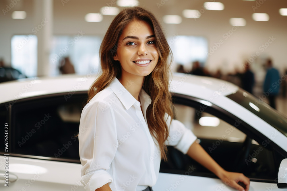 Woman is seen standing next to car in showroom. This image can be used ...