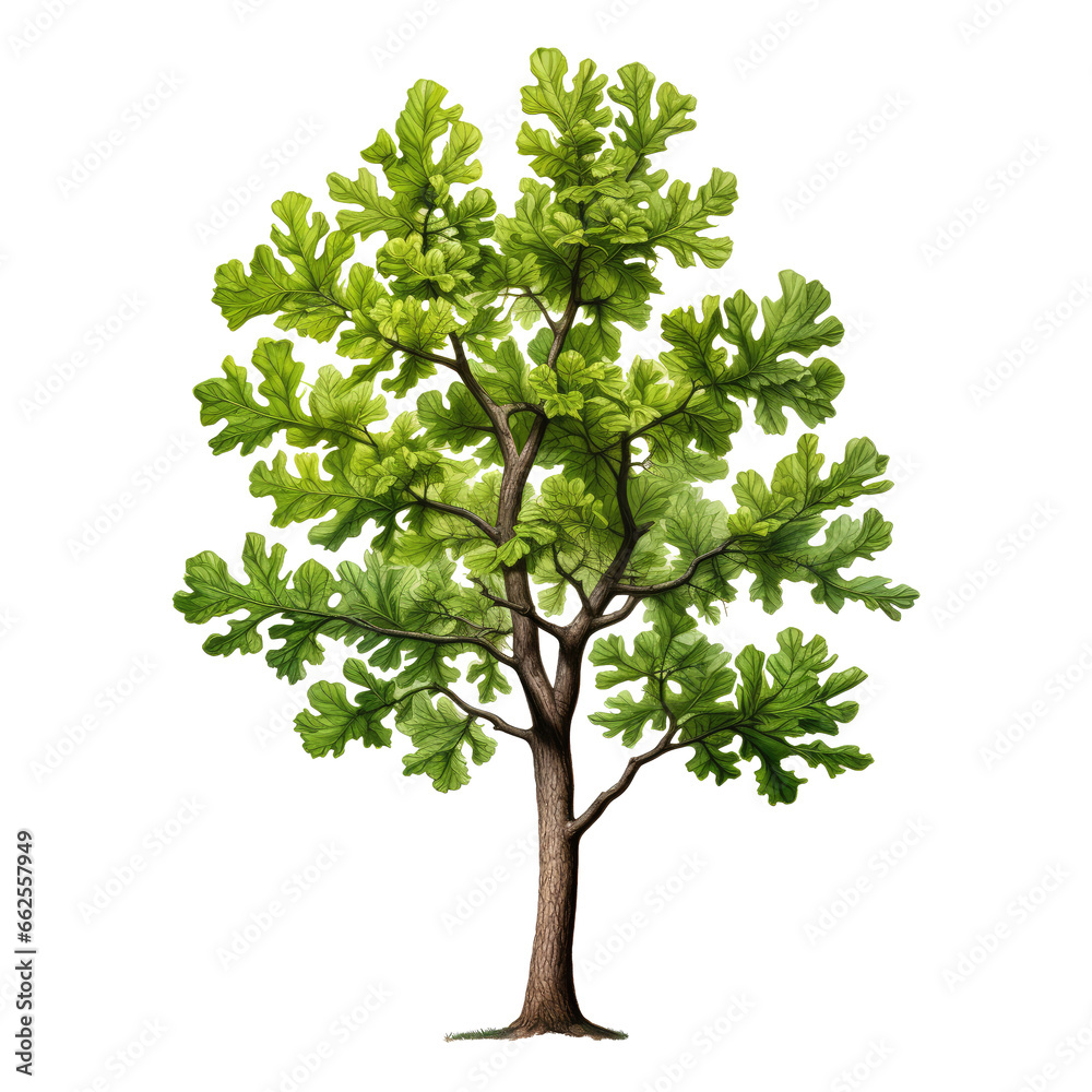 Quercus robur, complete full branch with leaves isolated on transparent ...