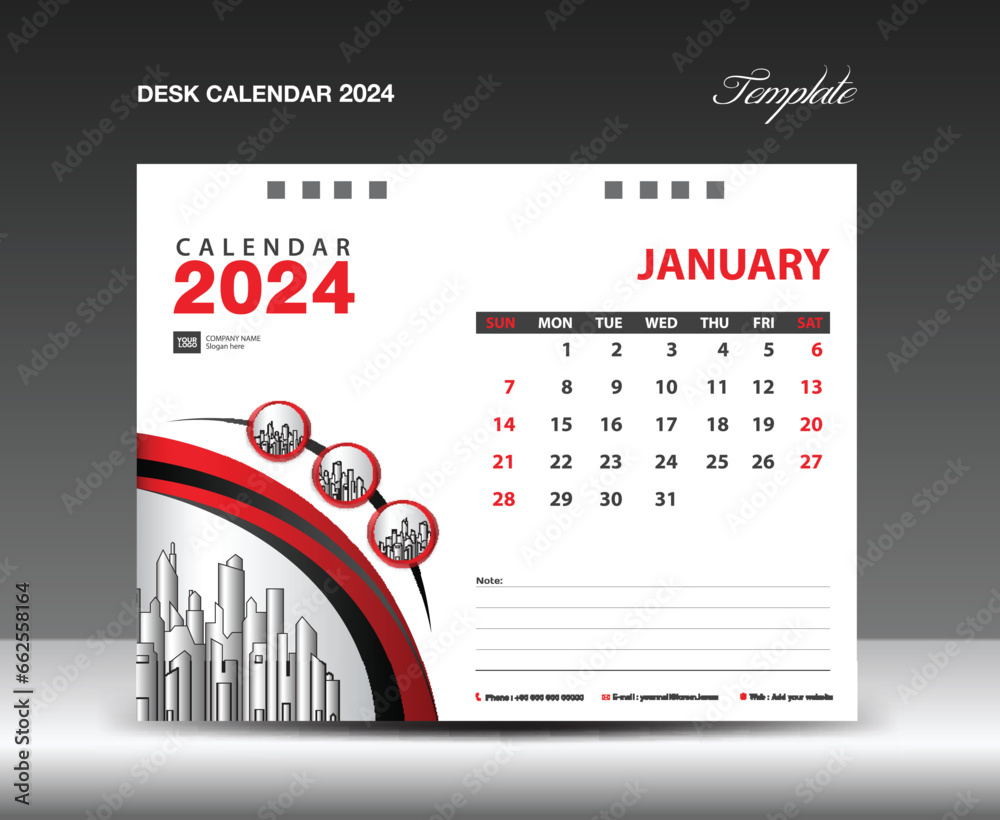 January 2024 template. Desk Calendar 2024 template with circle frame ...