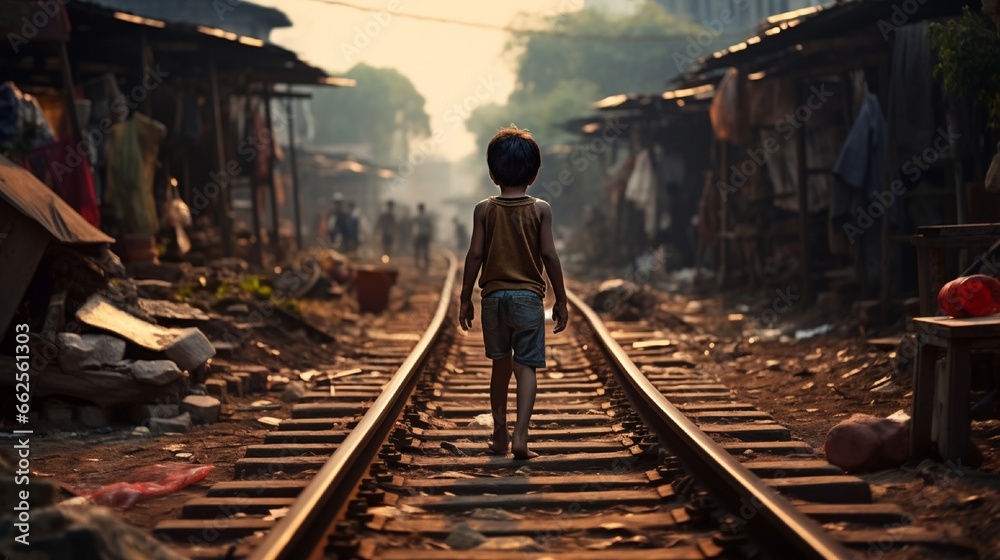 Boy runs on the railway line through the central slums of Hanoi full ...
