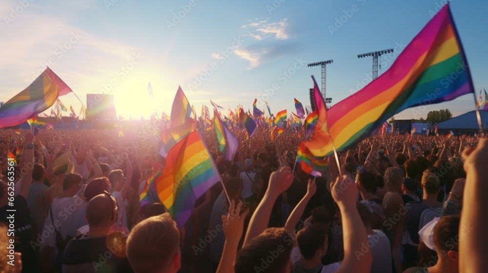 Crowd raising and holding rainbow gay flags during a Gay Pride. Trans ...